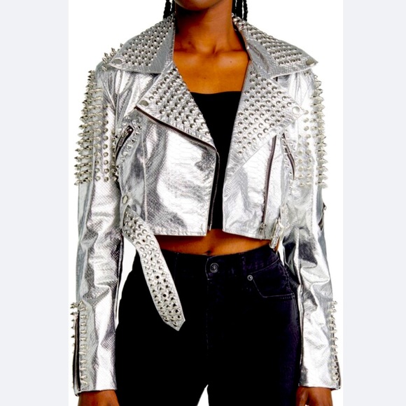 Azalea Wang | Jackets & Coats | Azalea Wang Metallic Silver Spiked Moto ...